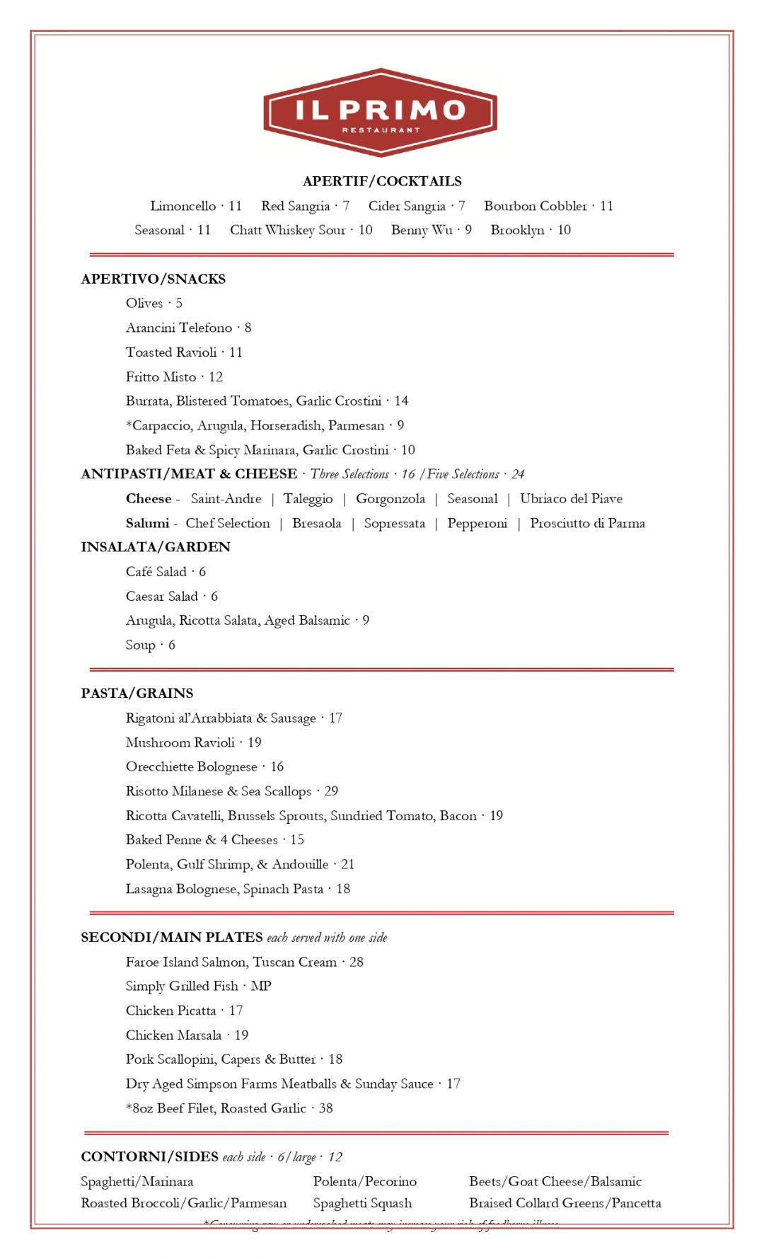 Our Menus | Il Primo Restaurant