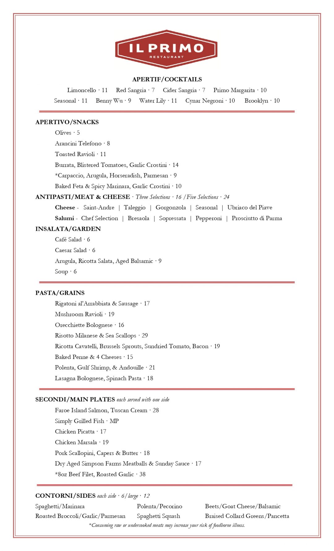 Our Menus | Il Primo Restaurant